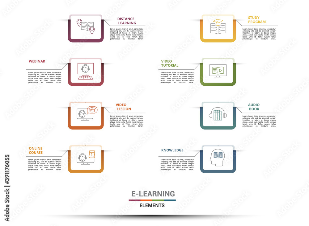 Infographic E-Learning template. Icons in different colors. Include ...