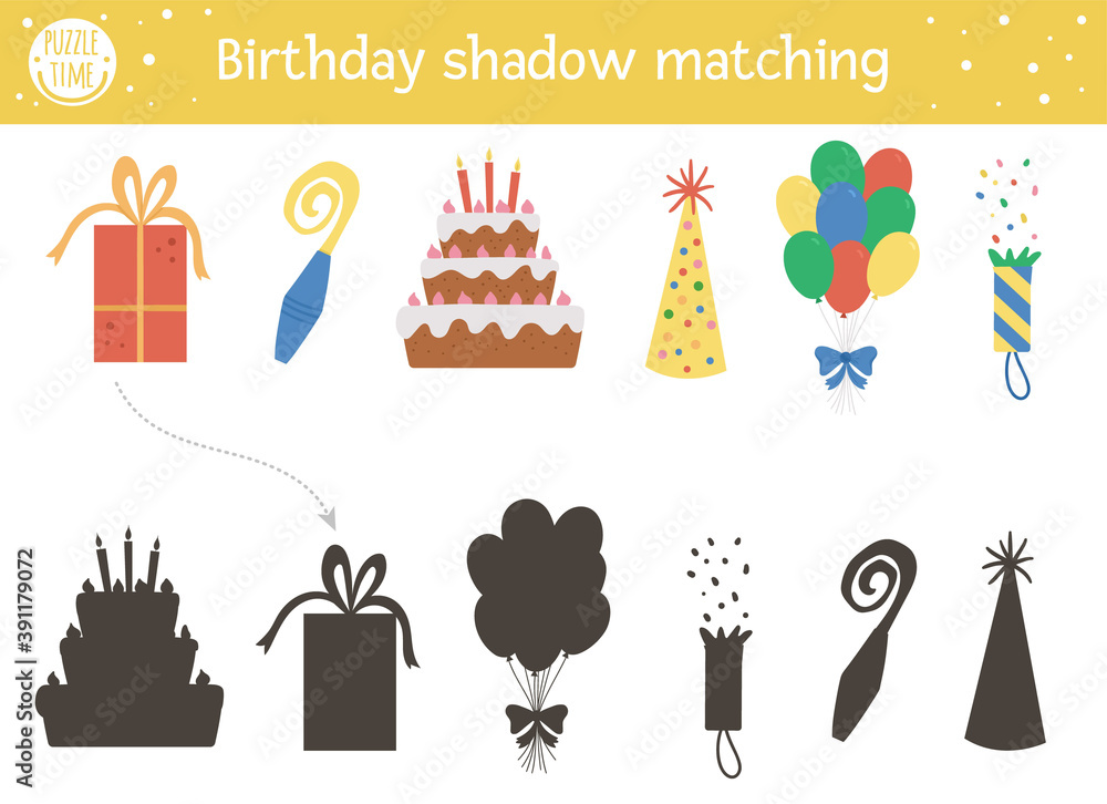 Birthday shadow matching activity for children. Fun puzzle with cute ...