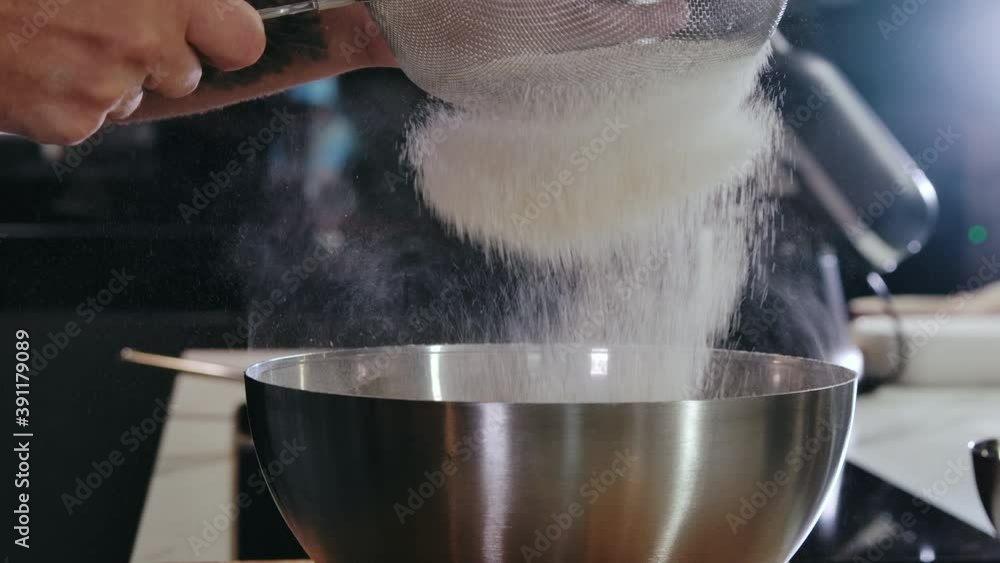 Close-up Flour Sifting with Sieve for Pie and Cupcake Making ...