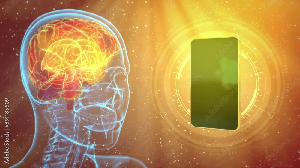 x ray human head moving with ringing incoming call mobile phone, brain ...