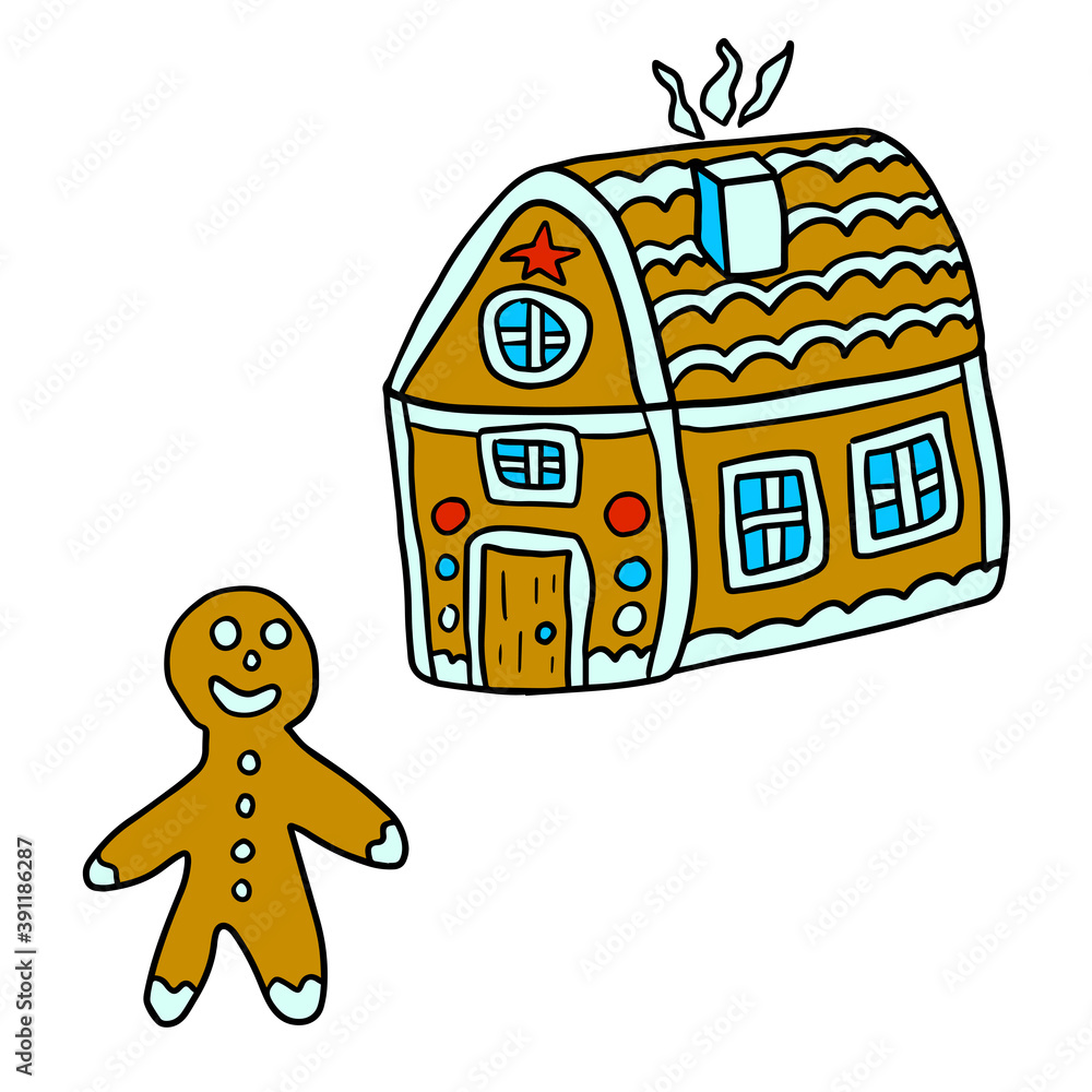 Cute doodle gingerbread house and little man isolated on white ...