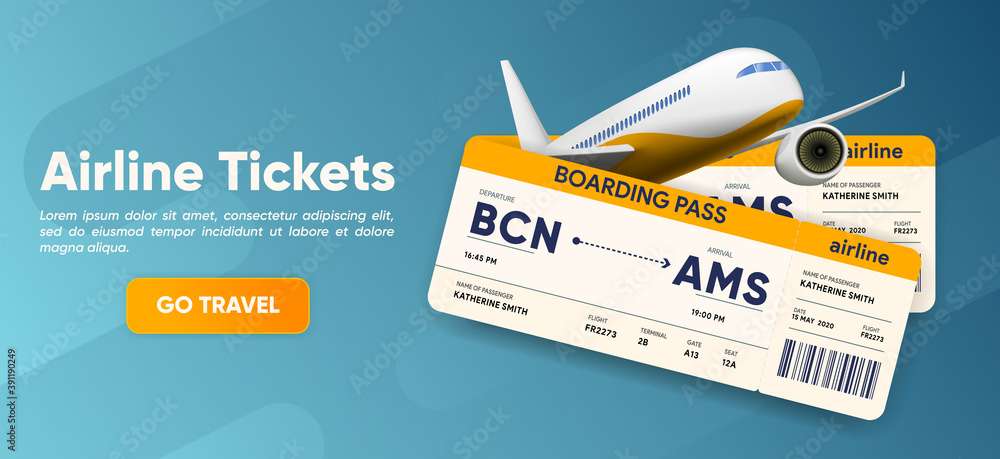 Airline tickets web banner. Plane and boarding pass. Traveling service ...