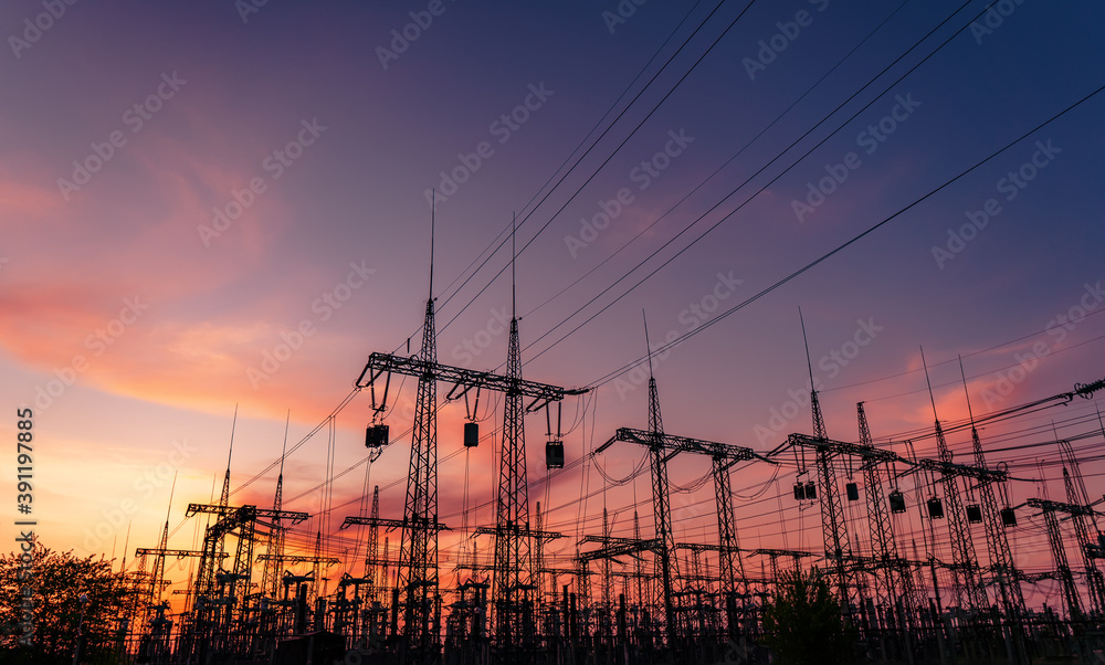 Electrical substation silhouette on the dramatic sunset background ...