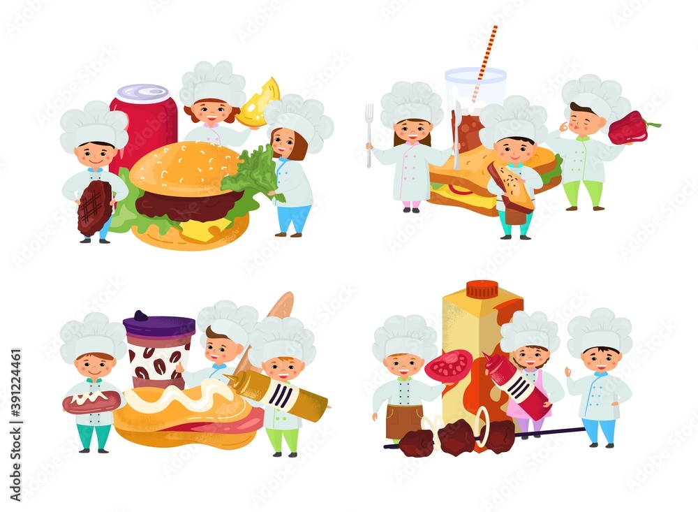 Cook fast food, child make dinner meal at kitchen vector illustration ...