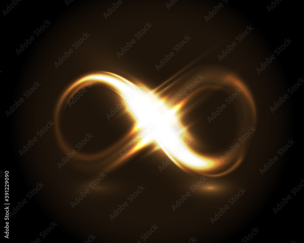 Golden glow infinity symbol. Neon sign smooth light line isolated on dark background. Vector ...