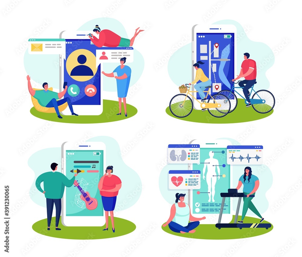 Smartphone app at mobile set, vector illustration. People character ...
