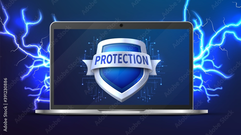 Laptop with protection shield. Data protect, realistic digital device ...