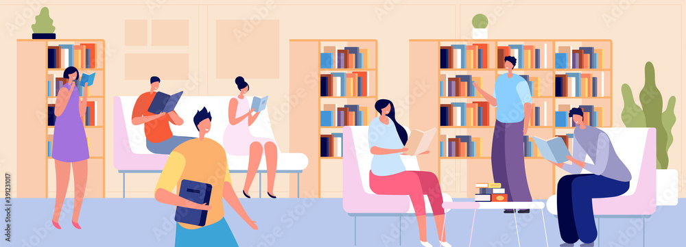 People in library. Person read, young adult with books in bookstore ...