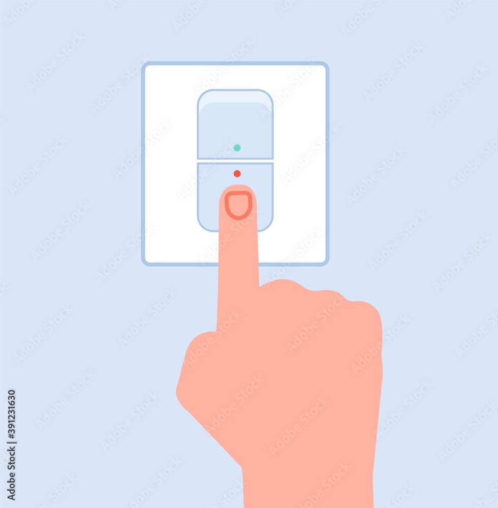 Hand toggles switch. Lights turned, finger touching electric switch ...