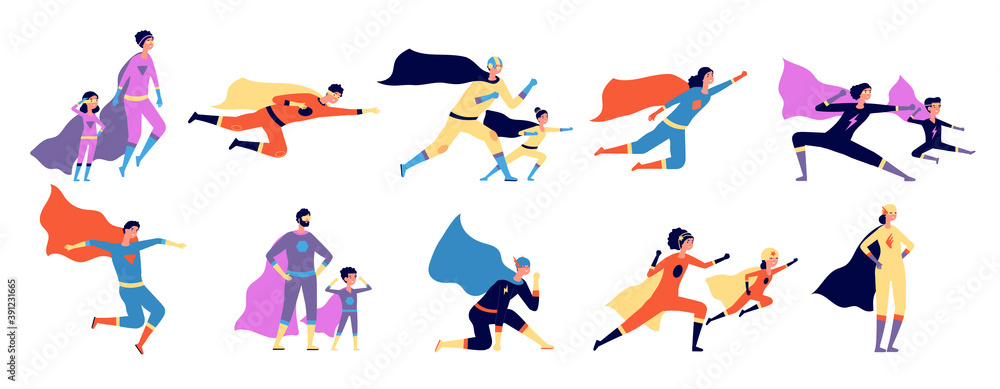 Superhero family. Parents kids in costume, strong super man characters ...