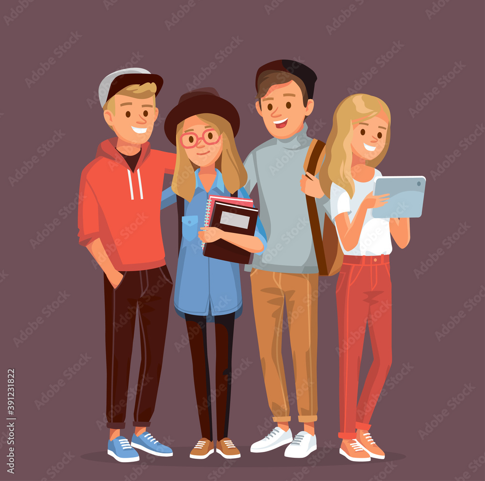 Set of friends, university fellow students classmates standing together ...