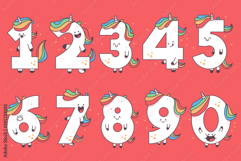 Cute unicorn numbers vector cartoon illustration isolated on background ...