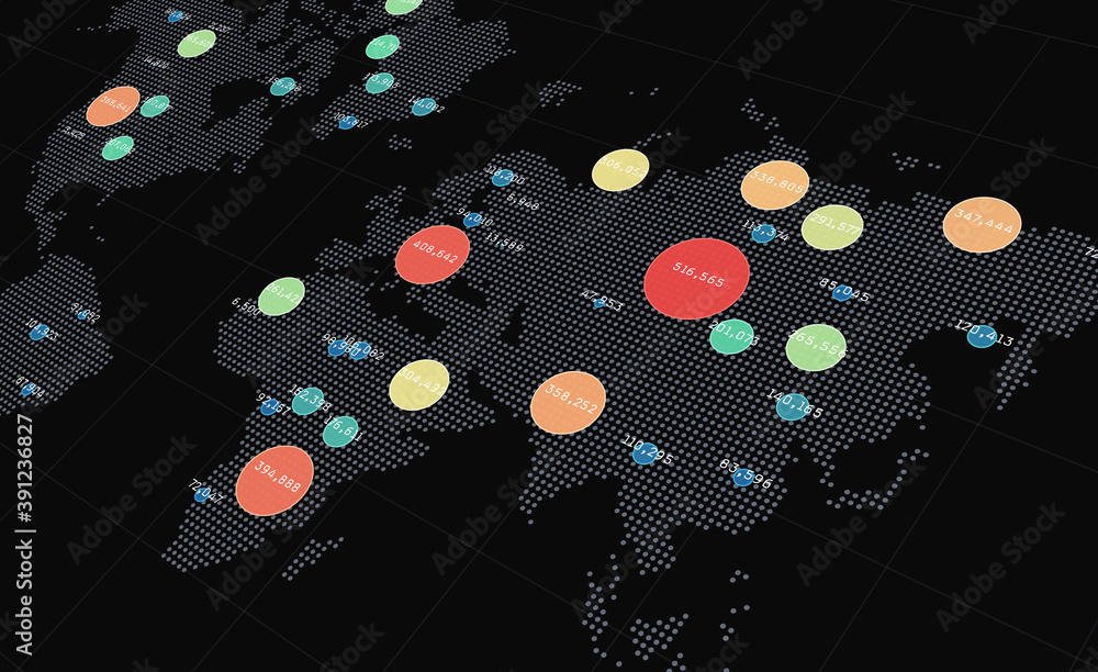 Clusters on world map. Perspective view. Human activity or danger ...