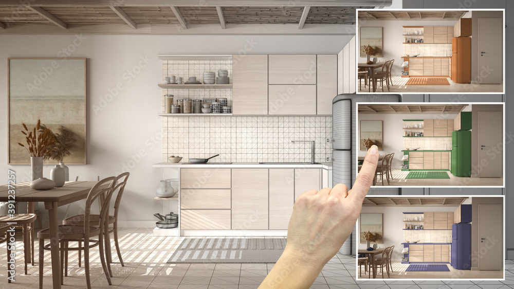 Architect designer concept, hand showing modern wooden kitchen with ...