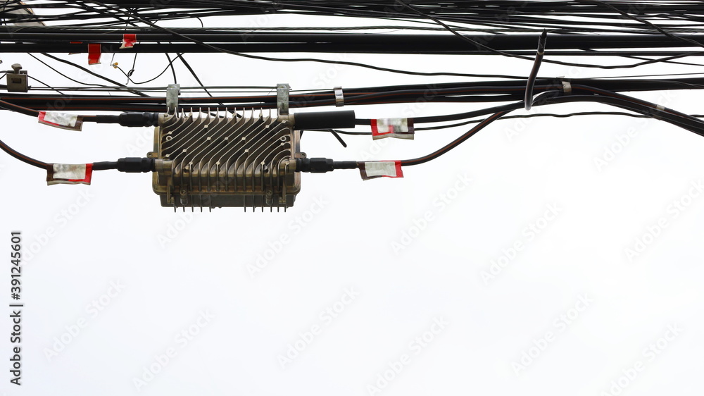 Metal boxes hanging on the wires. Fiber Optic Splitter Box (Plc ...