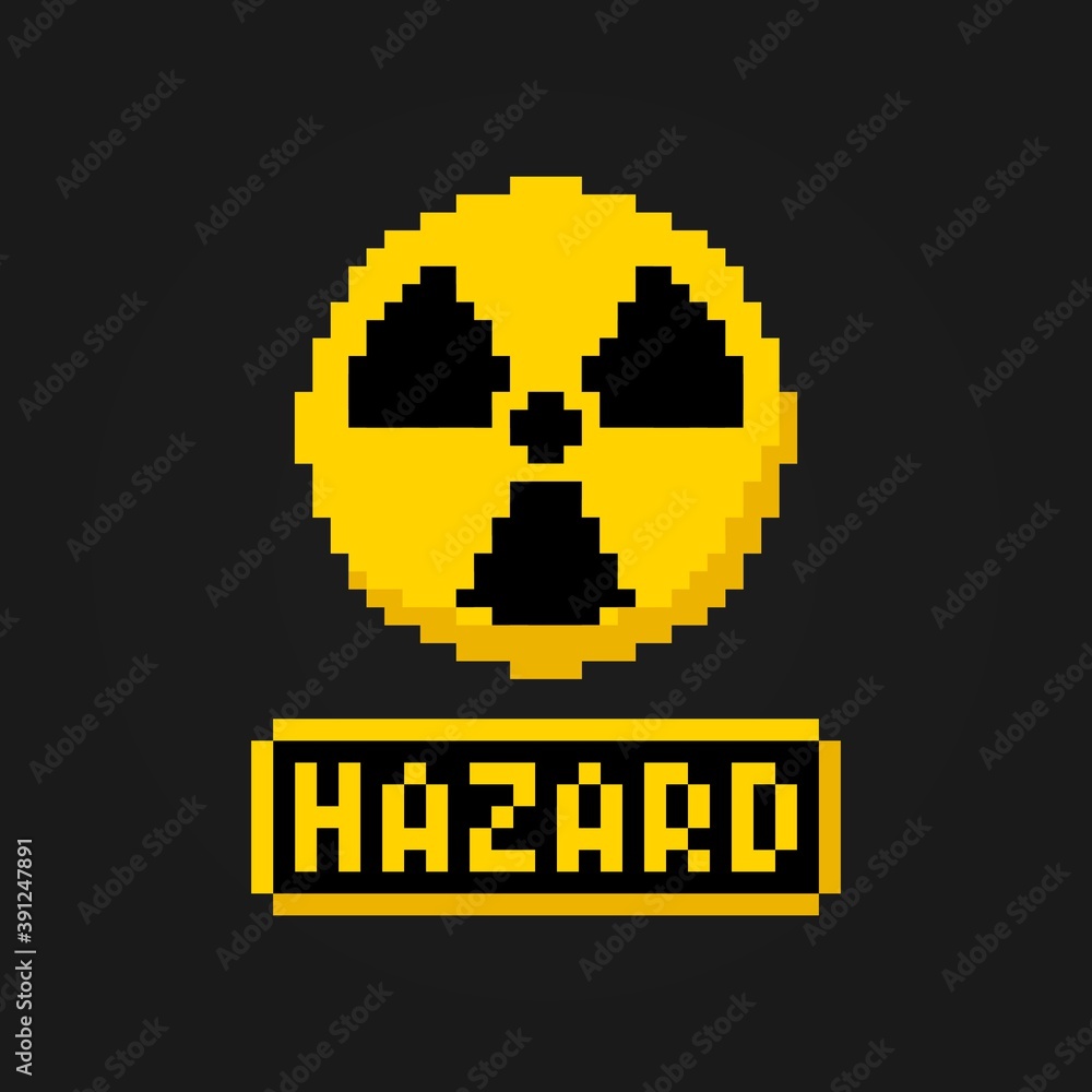 Pixel art 8-bit hazard orange sign radiation on black background ...