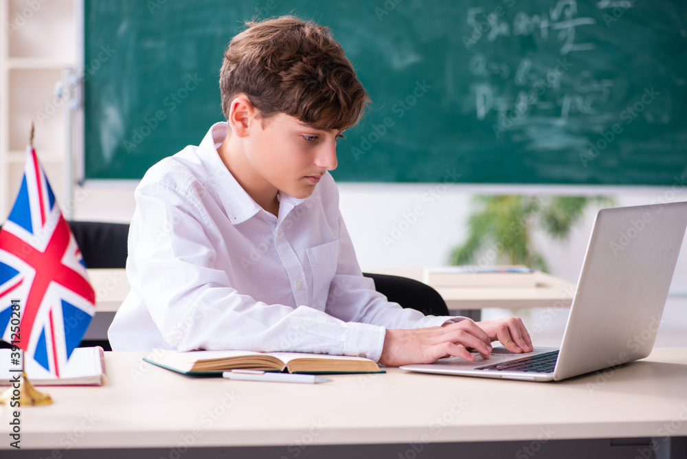 Schoolboy learning english language via Internet Stock Photo | Adobe Stock