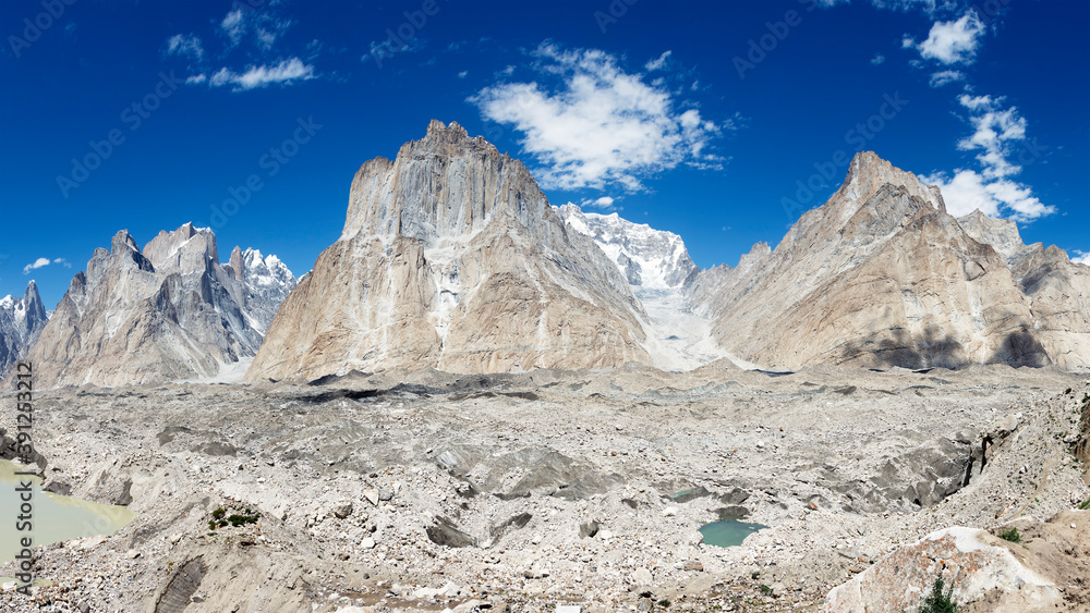 Panorama of mountains in Pakistan with Trango peaks, Thunmo Cathedral ...