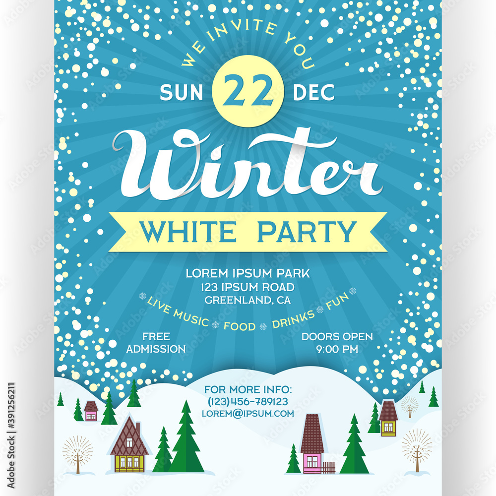 Poster for winter white party. Invitation flyer with ski resort and ...