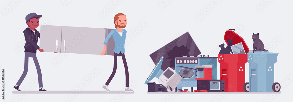 Home appliances recycling, collecting used trashed equipment. Young men ...
