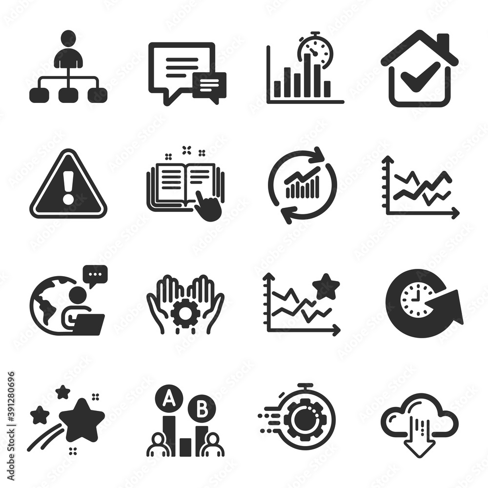 Set of Technology icons, such as Seo timer, Cloud download, Ranking stars symbols. Technical ...