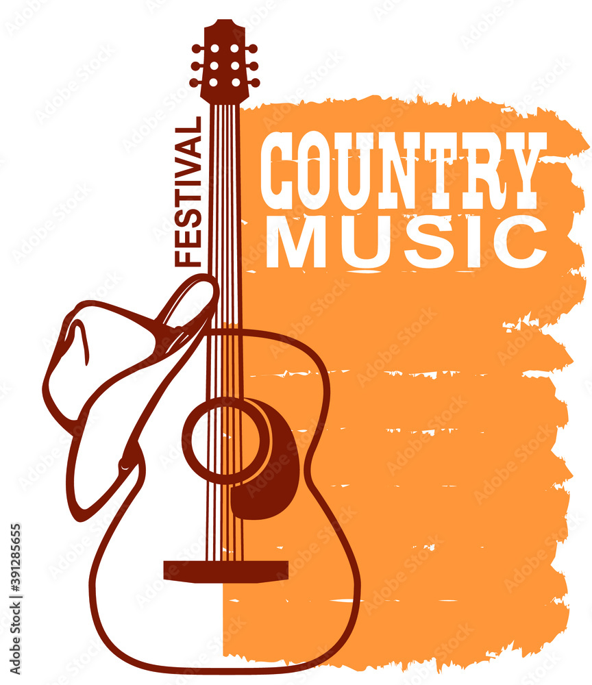 Retro Country music poster of acoustic guitar and cowboy American hat ...