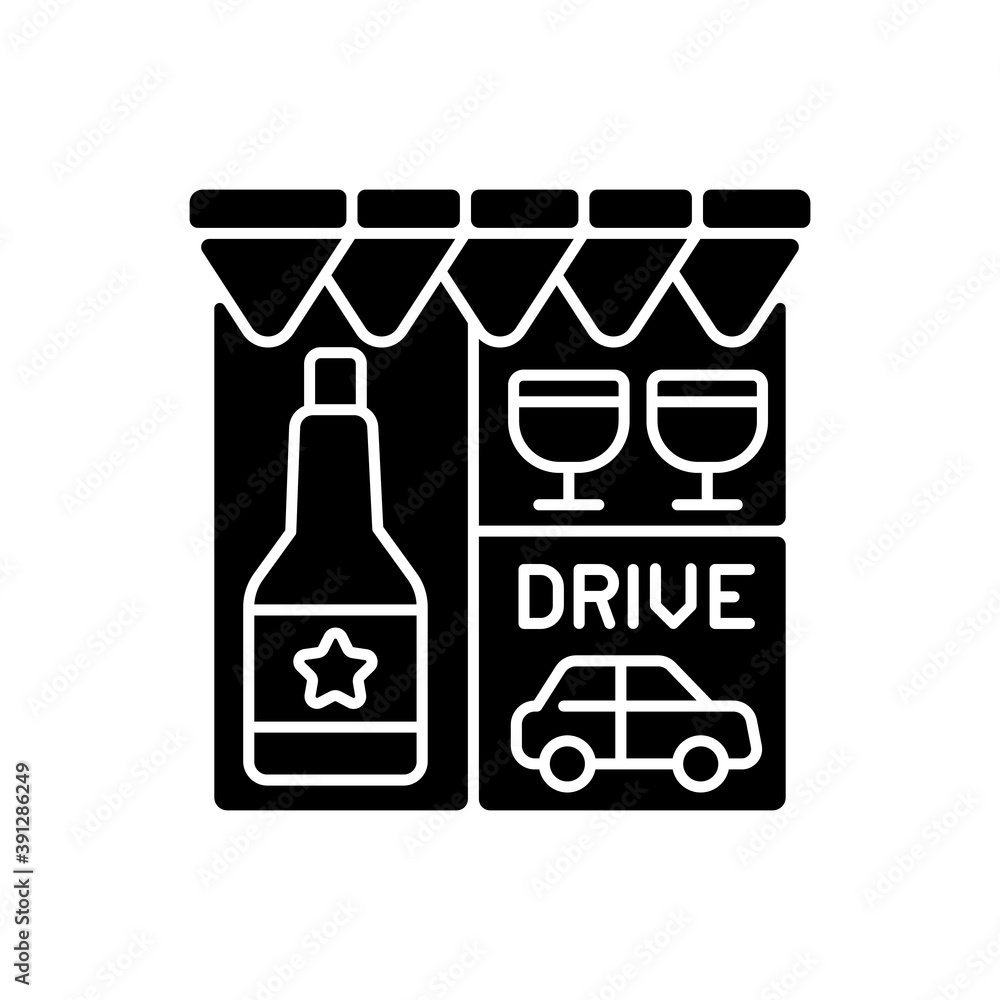 Drive through liquor store black glyph icon. Alcohol and spirits ...