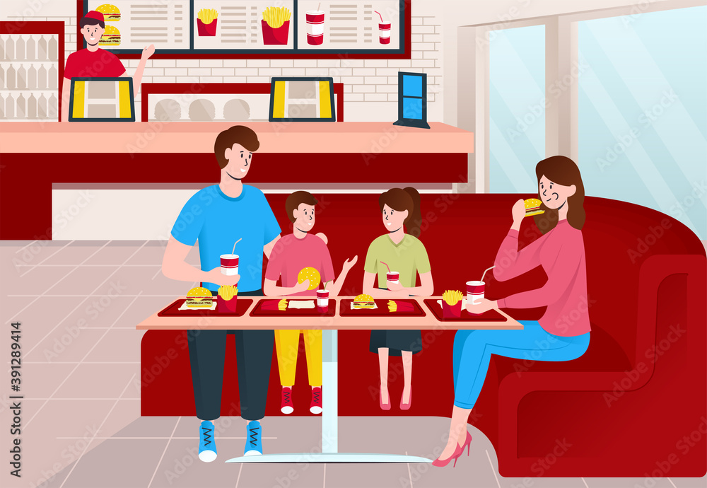 Cartoon Color Characters People Family Eating Fast Food Restaurant ...