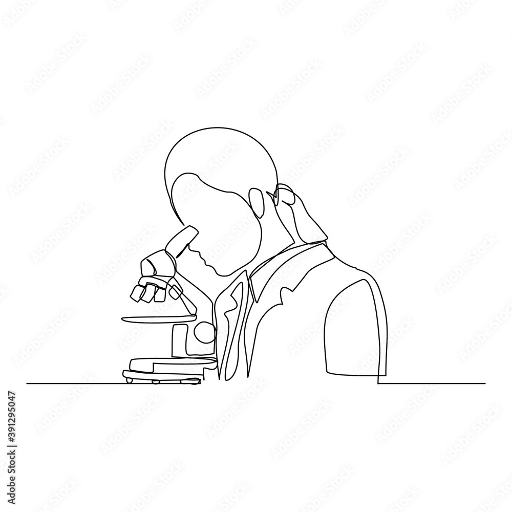 Continuous line drawing of female scientist analyze using microscope in ...
