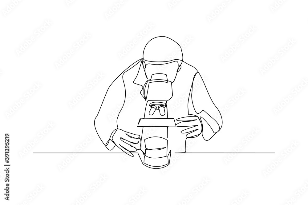 Continuous line drawing of male scientist analyze using microscope in ...