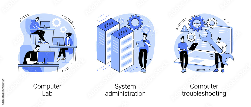 Computers and software abstract concept vector illustration set. Computer lab, system ...