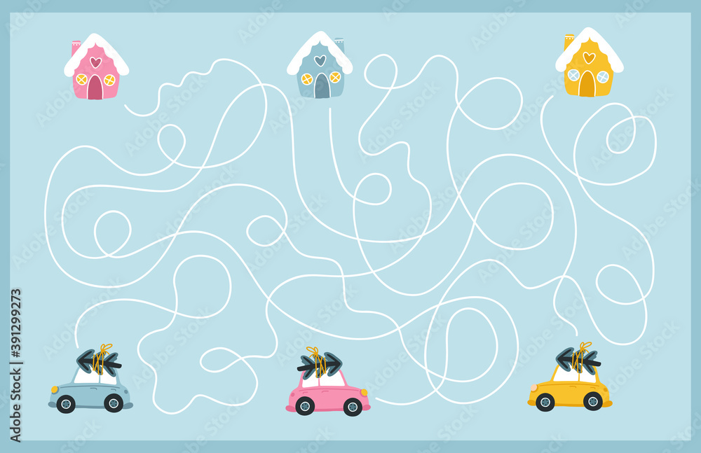 Christmas maze track game. Find the way of colored cars to their house ...