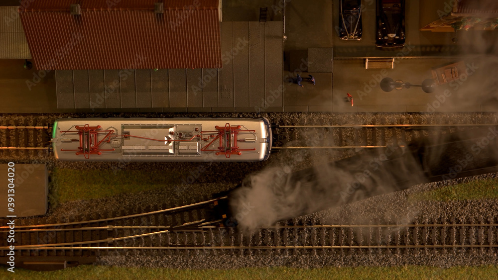Top view retro railway station. Replica of steam lokomotives on a ...