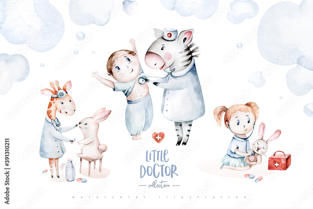 Stockillustratie Cute cartoon animal zebra, hippo, giraffe doctor ...