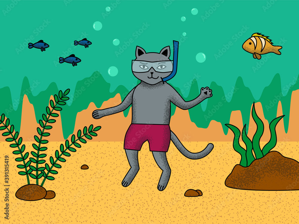 Funny cartoon character. The cat in swimming goggles underwater. A gray ...