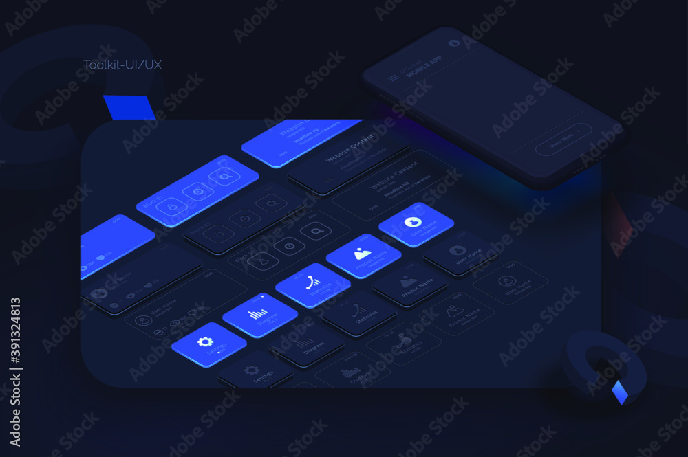 Toolkit Ui Ux Scene Creator Mobile Application Design Smartphone Mockup With Active Blocks And