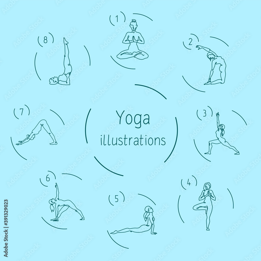 An illustration of yoga poses represents the flexibility. Beauty woman ...
