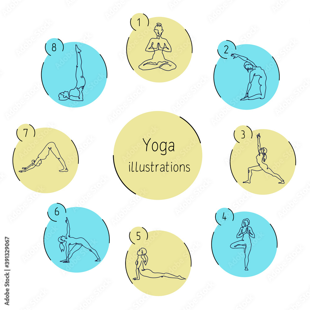 An illustration of yoga poses represents the flexibility. Beauty woman ...
