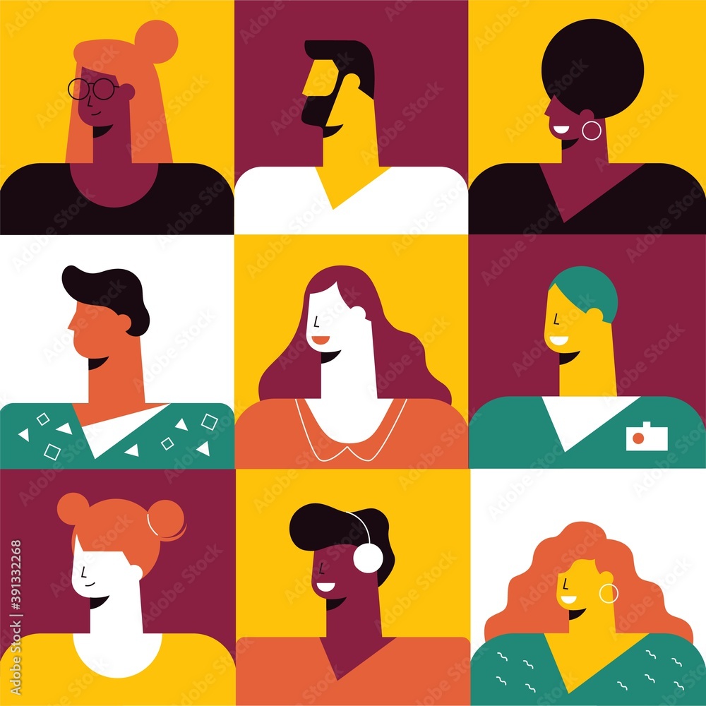 Square abstract human faces. Characters avatars smiling joyful young ...