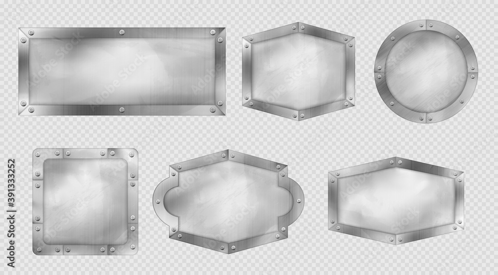 Metal signs, steel or silver plates with rivets and frames. Realistic ...