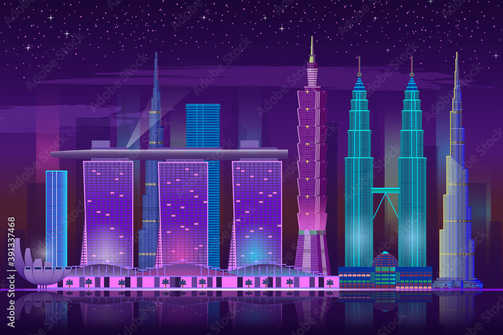 Neon skyscrapers. Retro 80s night cityscape, lights buildings ...
