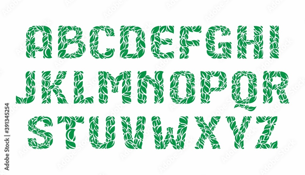 Alphabet ecology letters from a green leaves. Font style, vector design ...