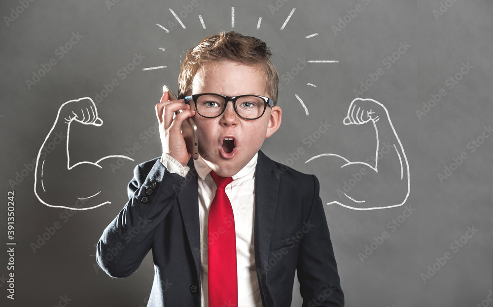 Angry little businessman with phone in hand shouting. Boss screaming ...