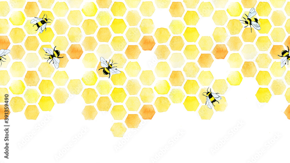watercolor seamless border, pattern with honeycomb and cute bees. hand ...