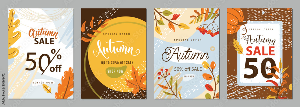 Autumn sale poster set background. Autumn-time gift discount offer ...