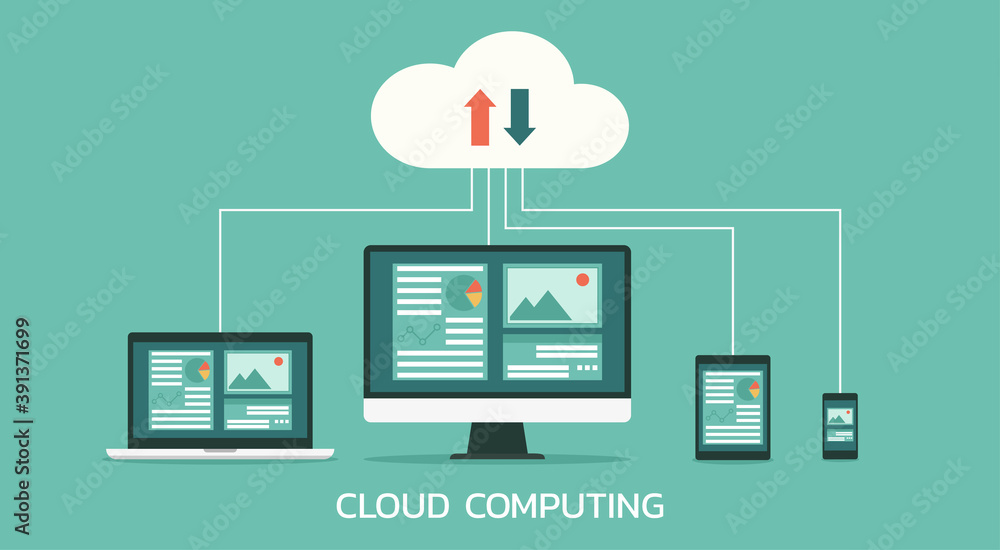 Cloud computing concept with computer monitor, laptop, tablet, and ...