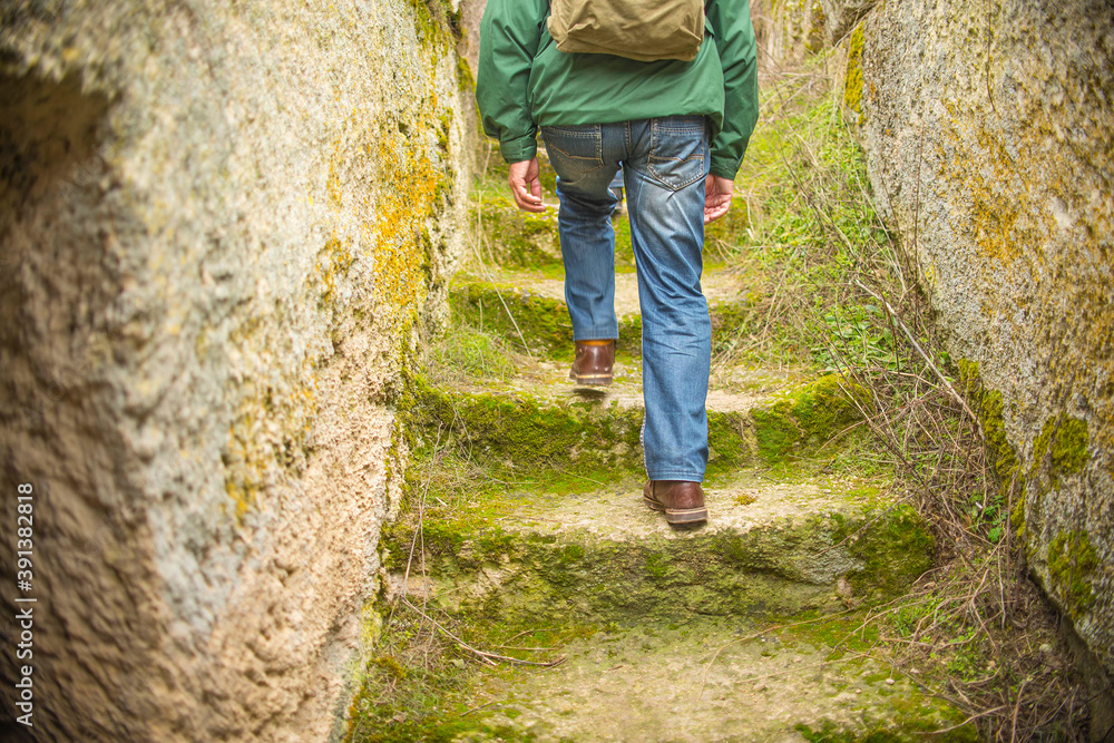 Back view Close up low angle man walking up green grass and moss ...