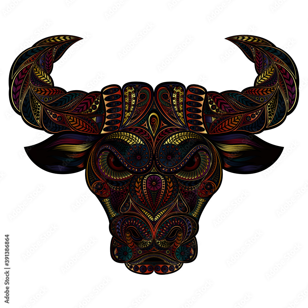 Symbol of 2021. Beautiful vector bull from color patterns in zentangle ...