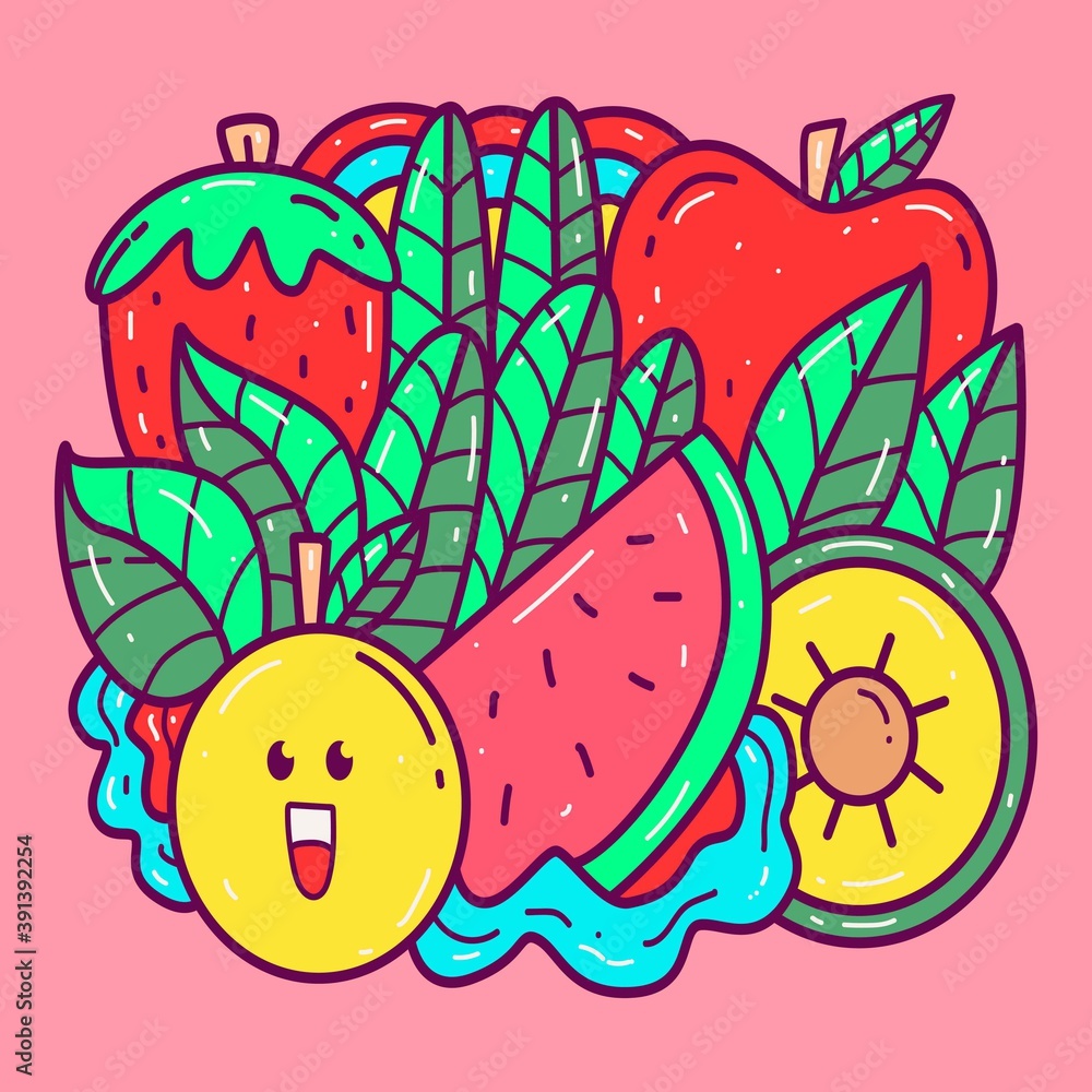 kawaii doodle fruit cartoon designs for coloring, backgrounds, stickers ...