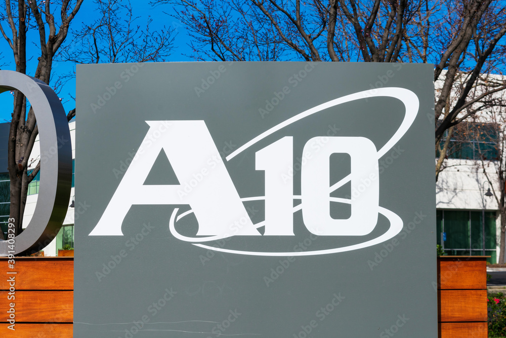 Large A10 Networks logo at company headquarters. A10 Networks is a US ...